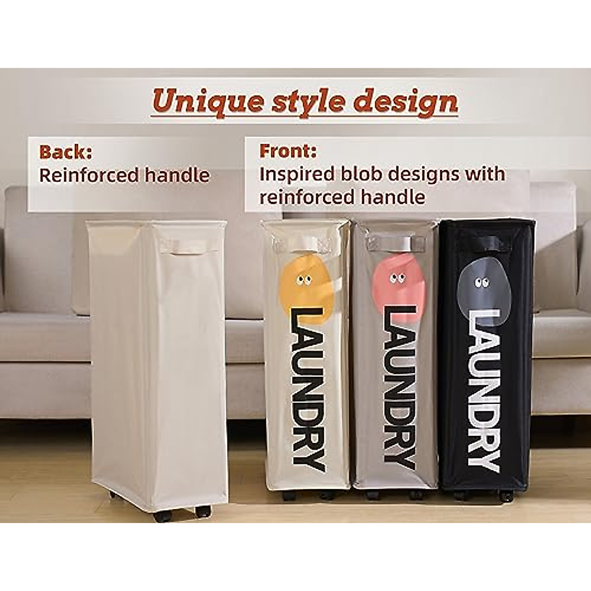 ECOWAN LIVING 48L Slim Laundry Basket with Wheels, Rolling Foldable Laundry Hamper, Narrow Corner Dirty Clothes Hamper, Collapsible Laundry Bin, Thin, Tall, Waterproof (Beige)