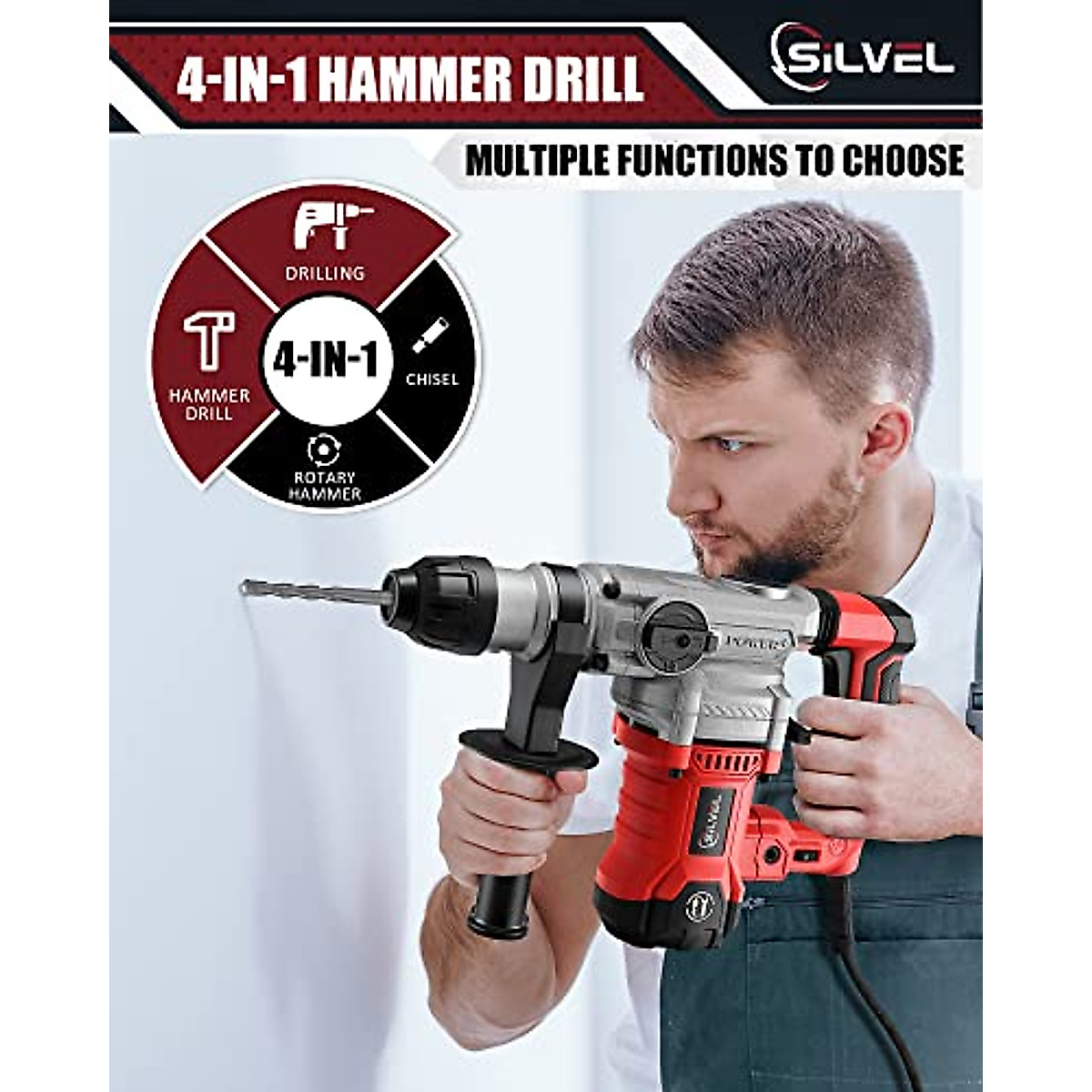 SILVEL 1-1/4 Inch SDS-Plus Hammer Drill, 13 Amp 1500W Rotary Hammer Drill, Heavy Duty Drill with 4 Functions, Demolition Hammer with 3 Drill Bits, Flat Chisels, Point Chisels