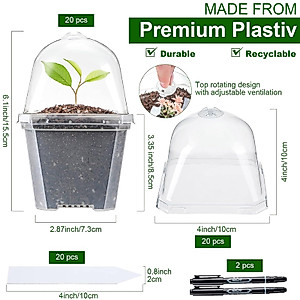 42 Pack 4 Inch Clear Plant Nursery Pot Sets with Humidity Dome and Drain Holes Include 20 Plastic Gardening Pot 20 Labels, 2 Marker Pen Seed Starting Container for Seedlings Vegetables Succulents