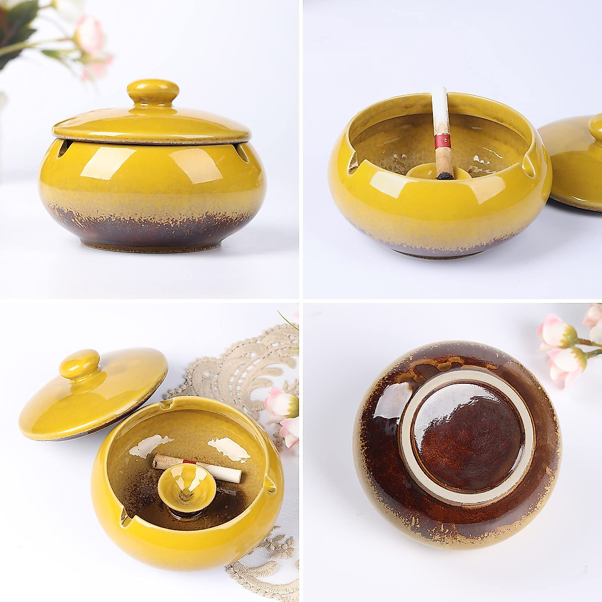 SRECATY Transmutation Glaze Ceramic Ashtray with Lid for Cigarette Outdoor Windproof Ash tray Sets for Smokeless Home Ashtrays Outside for Patio Garden Balcony - Yellow