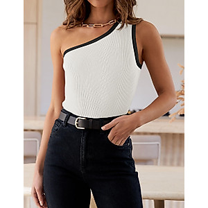 ZESICA Women's One Shoulder Tank Top Summer Sleeveless T Shirt Ribbed Knit Color Block Slim Fit Basic Tee Tops,White,Small