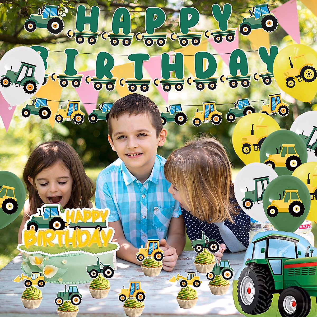 JOPARY Farm Green Tractor Party Supplies,Green Tractor Birthday Decorations with Happy Birthday Banner, Cupcake Toppers, and Balloons for Girls Boys Kids Birthday