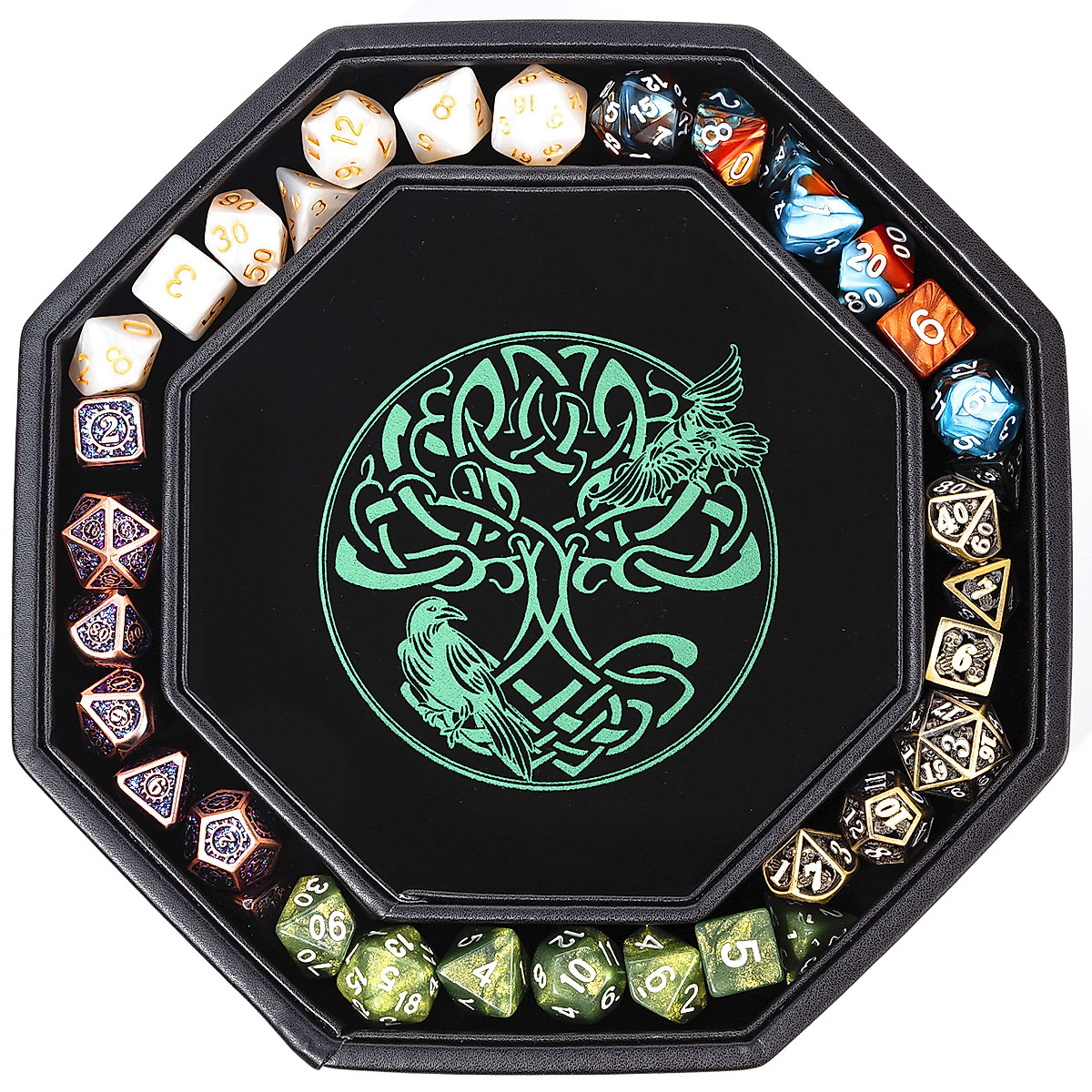 DND Dice Tray - Premium 8 Inch Tray for Dungeons and Dragons: Exquisitely Detailed Green World Tree & Wolf Raven Design - Perfect Rolling & Box Storage to Protect Your Dice for D&D and RPG