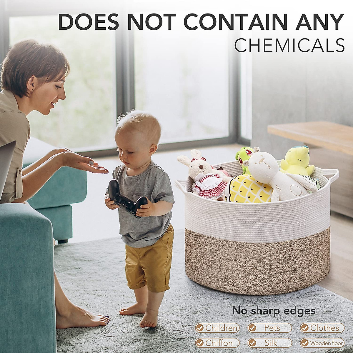 XXXL Blanket Basket Large Blanket Storage Living Room 21.7" x 21.7" x 13.8" Basket for Storing Blankets and Toys + Small Basket for Toys, Keys| Basket for Blankets Brown and White