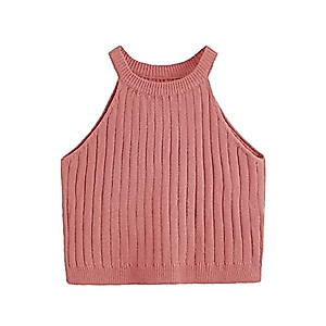 SweatyRocks Women's Knit Crop Top Ribbed Sleeveless Halter Neck Vest Tank Top Watermelon Pink M