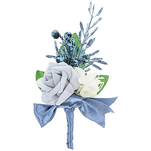 hobbyme 2Pcs Rose Wrist Corsage Wristlet, Blue White Pink Corsage and Boutonniere Set, Artificial Flower Wrist Corsage with Ribbon