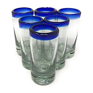 Hand Blown Mexican Tequila Shot Glasses – Set of 6 Cobalt Blue Rim Tequila Shot Glasses (2 oz each)