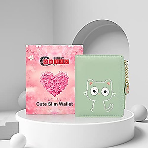 CONISY Cute Wallets for Women, Leather RFID Blocking Small Bifold Wallet with Zipper Coin Purse for Girls and Ladies Womens Wallet (Cat Green)