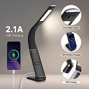 rigors LED Desk Lamp with Wireless Charger, USB Charging Port, Stepless dimmable brightness, Natural Lights, Desk Lamps for Home Office, Table Lamp Eye Caring Reading Light, Gesture Control desk light