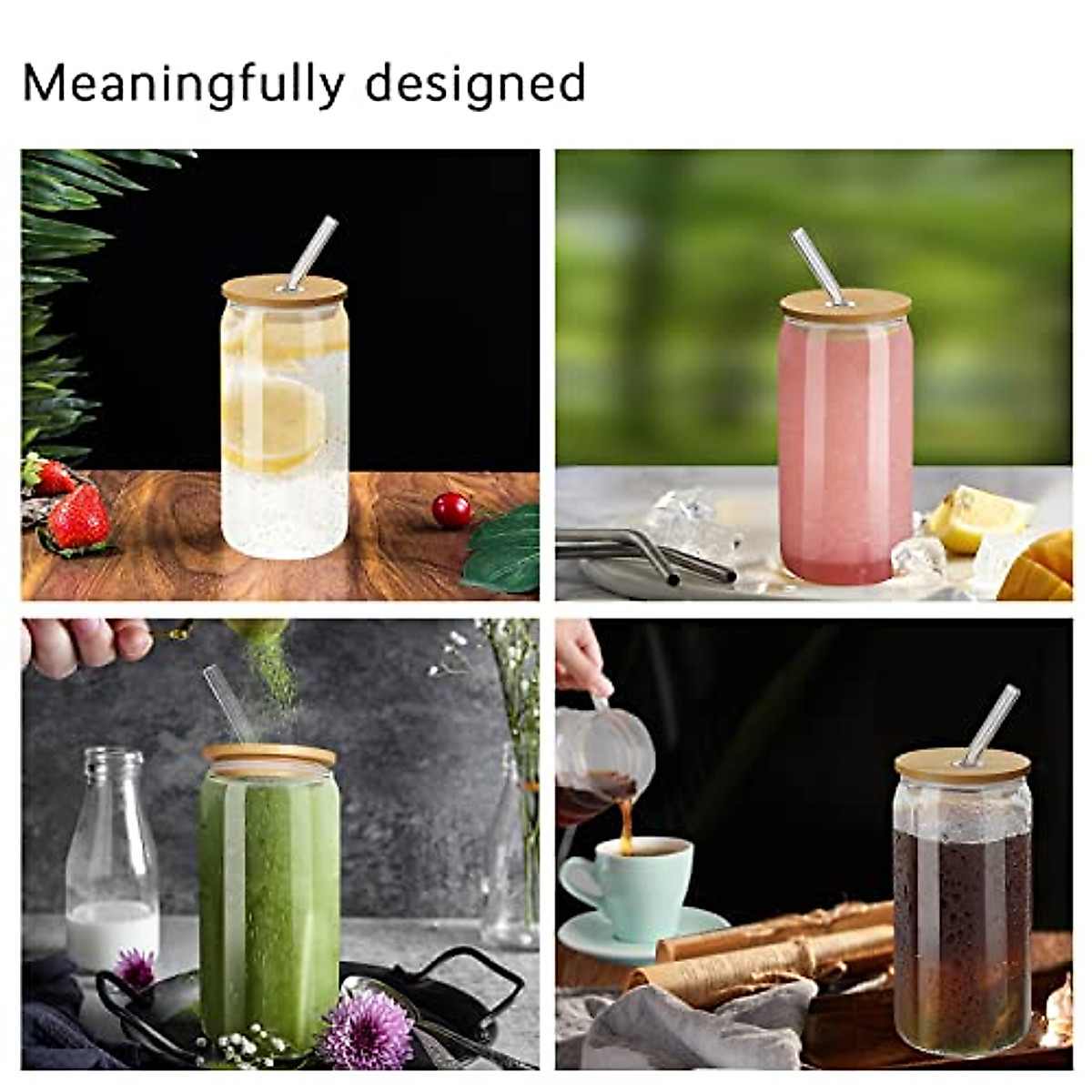 Jocuu Glass Cups with Lids and Straws, Set of 4 Beer Can Glasses, 16 oz each Ice Coffee Cup, Glass Tumbler, Drinking Jars, Drinking Glasses for Smoothie Boba Coffee Beer Tea