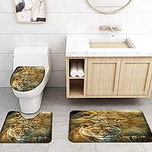 BULING 4Pcs Shower Curtain Set with Rugs,Mighty Lion Father and Son Shower Curtain with 9 Hooks, Bath Mat, Toilet Lid Rug and Non-Slip U Shape Mat Accessories