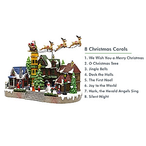 Christmas Village Centerpiece Decor, Santa Riding Sleigh Flying Over The Town Center, with Christmas Tree, featuring LED Lights, Christmas Music, and Animation - Power Adapter (included)