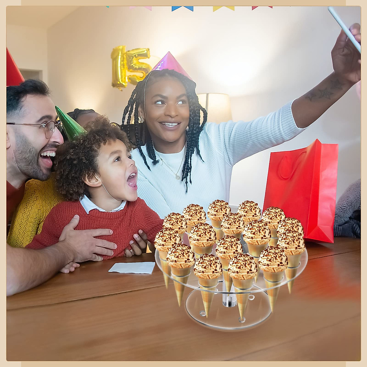 2 Pieces Ice Cream Cone Holder with 100 Pieces Disposable Wood Cones, 16 Holes Food Stand Acrylic Cone Display Stand Hand Roll Sushi Stand Rack for Weddings Baby Showers Birthday Parties Favors