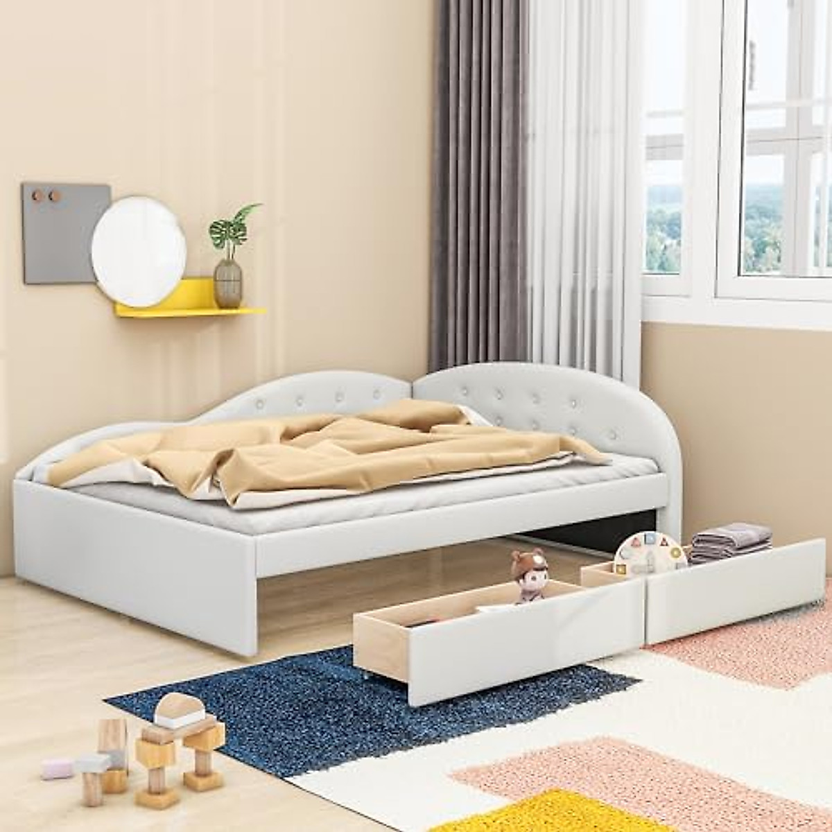 Full Size Upholstered Daybed with 2 Drawers and Cloud Shaped Guardrail, PU Upholstered Tufted Platform Bed with Wooden Slat Support for Bedroom Living Room, Easy Assembly (White + Upholstered-V23)