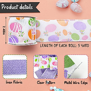2 Rolls Easter Eggs Ribbons 2.5 Inch ×5 Yards, White Purple Burlap Ribbon Bows for Wreath, Holiday Craft Wired Edge Ribbons Bows for Easter Party Gift Wrapping Decorations