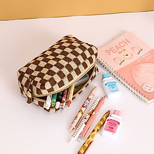 Large Capacity Makeup Bag Set - 3 Pieces Checkered Cosmetic Bag for Women Travel Makeup Bag Organizer Cute Makeup Brushes Storage Bag Travel Toiletry Bag Storage Bag for Women,Brown