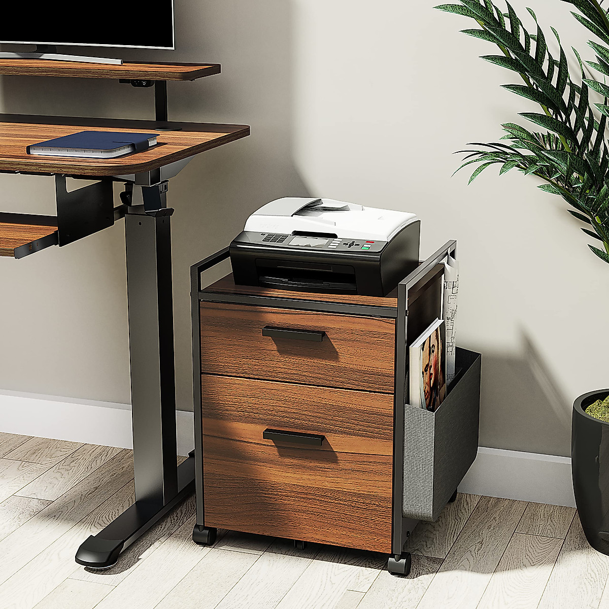 EUREKA ERGONOMIC Rolling File Cabinet with Bag for Home Office,File Cabinet 2 Drawers, Under Desk Rolling File Cabinet, Wood Filing Cabinet, Printer Stand with Storage,Walnut
