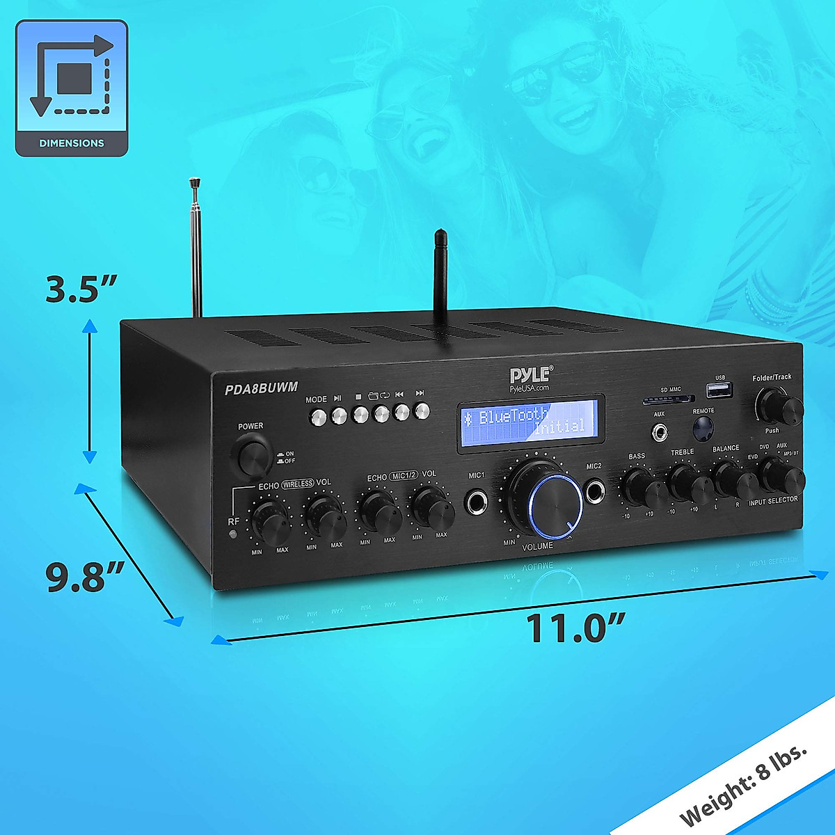 Pyle Wireless Microphone Power Amplifier System - 200W Dual Channel Sound Audio Stereo Karaoke Speaker Receiver w/USB, AUX, Microphone in w/Echo, Radio,Home Theater via RCA, Studio Use PDA8BUWM.5
