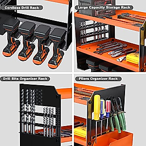QZER Power Tool Organizer Wall Mount - Heavy Duty Drill Holder with 4 Drill Storage Slots & 2 Large Capacity Compartments, Cordless Drill Storage Rack & Garage Drill Charging Station