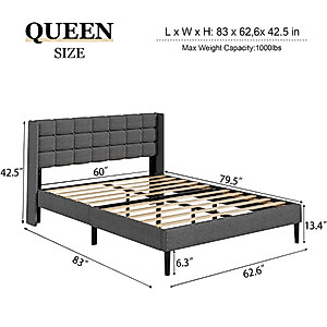 CXVX Queen Size Platform Bed Frame with Upholstered Headboard and Wingback, Mattress Foundation with Wooden Slat Support, No Box Spring Needed, Easy Assembly, Noise Free, Dark Gray