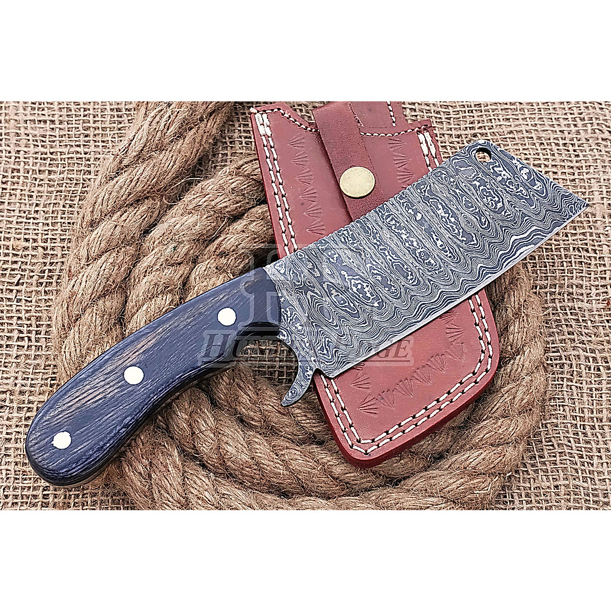 HUNTEX Handmade Hand-Forged Ladder Pattern Damascus Steel 9.5 Inch Long Full Tang Pakka Wood Handle Razor Sharp Hunting Camping Cleaver Knife w/Genuine Leather Sheath