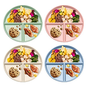 YBOBK HOME Portion Control Plate For Adults Weight Loss, Round Bariatric Portion Control Plate, Reusable Wheat Straw Divided Plate With 3 Compartments, Dishwasher & Microwave Safe (4 Pcs)