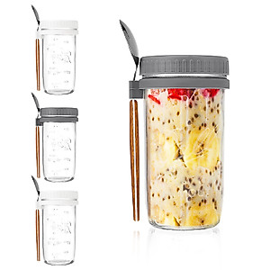 FRIUSATE 4 Pack Overnight Oats Containers with Lids and Spoons, 24 oz Glass Oatmeal Container with Measurement Marks, Large Capacity Airtight Mason Jars for Milk Cereal Fruit