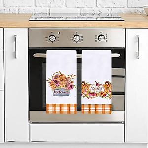 Buffalo Plaid Fall Pumpkin Autumn Flowers Kitchen Dish Towel 18 x 28 Inch Set of 2, Harvest Thanksgiving Holiday Tea Towels Dish Cloth for Cooking Baking