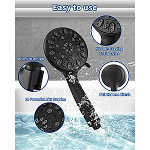 High Pressure Handheld Shower Head VMASSTONE 7-Spray Setting Showerhead Kit with 59" Stainless Steel Hose and Adjustable Mount for Showering Enjoyment Even at Low Water Flow (HM-002 Matte Black)