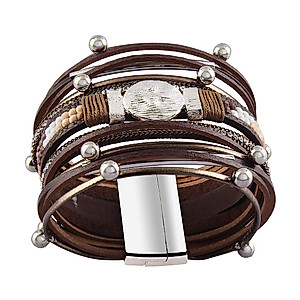 Jeilwiy Leather Wrap Around Bracelet Multi Rope Boho Bracelets Cuff Bangle Baroque Pearls Handmade Bohemian Jewelry for Women, Daughter, Sister Gifts