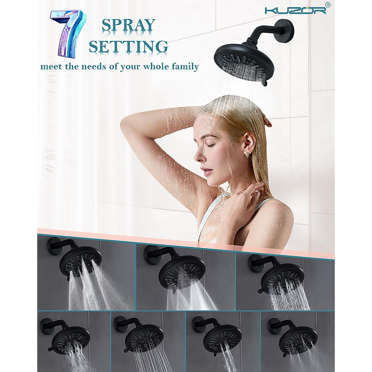 KUZOR 1PC Bathtub Shower Faucets Set, Brass With 304 Stainless Steels 5.5 inches 7 Setting Spray Shower Head, Efficient, Dense Water Flow, Anti-Scald - Bathroom/Shower Room - Matte Black