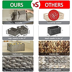ROSOS Wicker Baskets 2 Pack, Wicker Storage Basket with Handles, Large Wicker Baskets for Storage, Waterproof Wicker Baskets for Organizing, Large Storage Baskets Wicker 15" and Medium 14", Grey