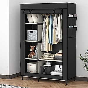 Buzowruil Canvas Wardrobe Portable Closet Wardrobe Clothes Storage with 6 Shelves and Hanging Rail,Non-Woven Fabric, Quick and Easy Assembly,Black