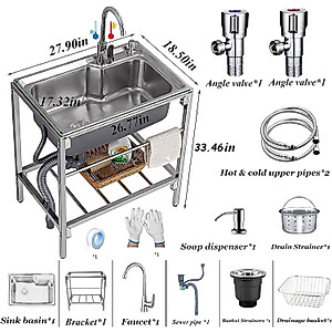 Freestanding Stainless Steel Sink,Outdoor Sink Commercial Restaurant Sink,Single Bowl Sink,Industrial Sink for Restaurant, Cafe, Bar, Hotel, Garage, Laundry Room,L26.7"x H33.46"xW17.3"