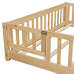 Bellemave Queen Size Floor Bed with Door,Kids Montessori Floor Bed with Slats and Fence,Solid Wood Queen Bed Frame for Girls Boys(Queen,Natural)