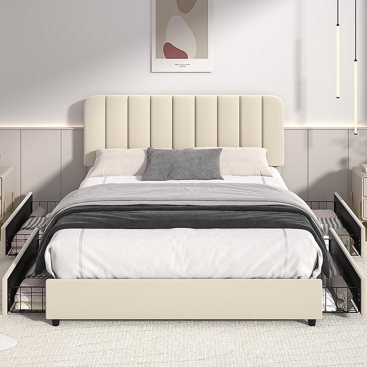 VECELO Queen Size Upholstered Bed Frame with 4 Drawers and Adjustable Headboard, Velvet Platform Storage Bedframe Mattress Foundation, Wooden Slats Support, No Box Spring Needed, Beige
