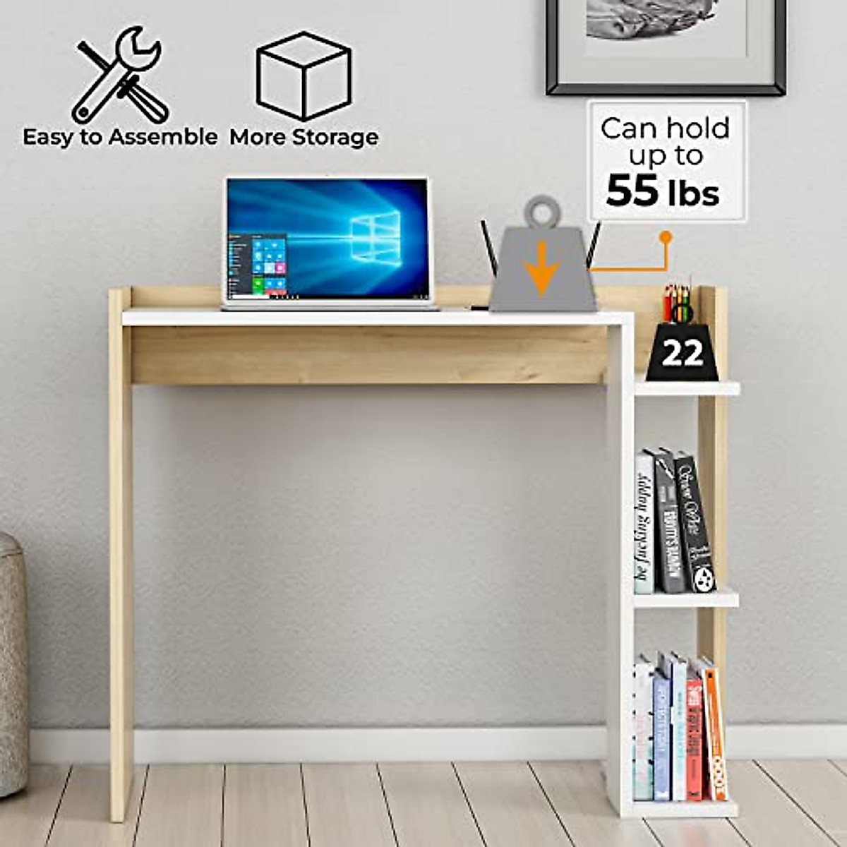 MODEAZY Ruby Multipurpose Modern Style Home Office Computer Desk, Room Decor, Storage Shelves Study Writing Table, White&Oak