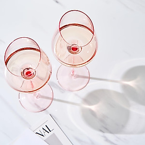 Khen Pink Wine Glasses Gift | Set of 2 | Blush Colored 18oz Slanted Glassware, Tall Stemmed Glass, Water, Gifts Wife, Girlfriend, Women, Birthday, Wedding, Anniversary, Mother's Day