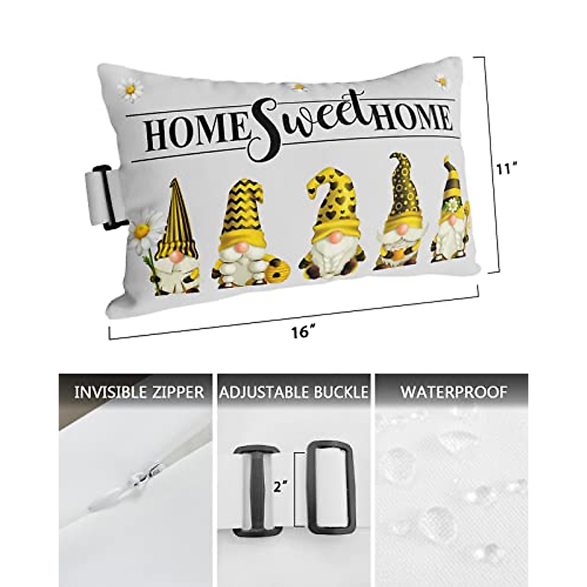 Recliner Head Pillow Ledge Loungers Chair Pillows with Insert Spring Lovely Gnome White Daisy Pattern Lumbar Pillow with Adjustable Strap Outdoor Waterproof Patio Pillows for Beach Pool, 2 PCS