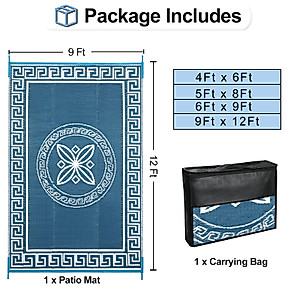 OutdoorLines Outdoor Reversible Rugs for Patio 9x12 ft - Plastic Area Rug, Stain & UV Resistant Portable RV Carpet, Plastic Straw Mats for Porch Deck and Camping Quatrefoil/Grayish Blue & White