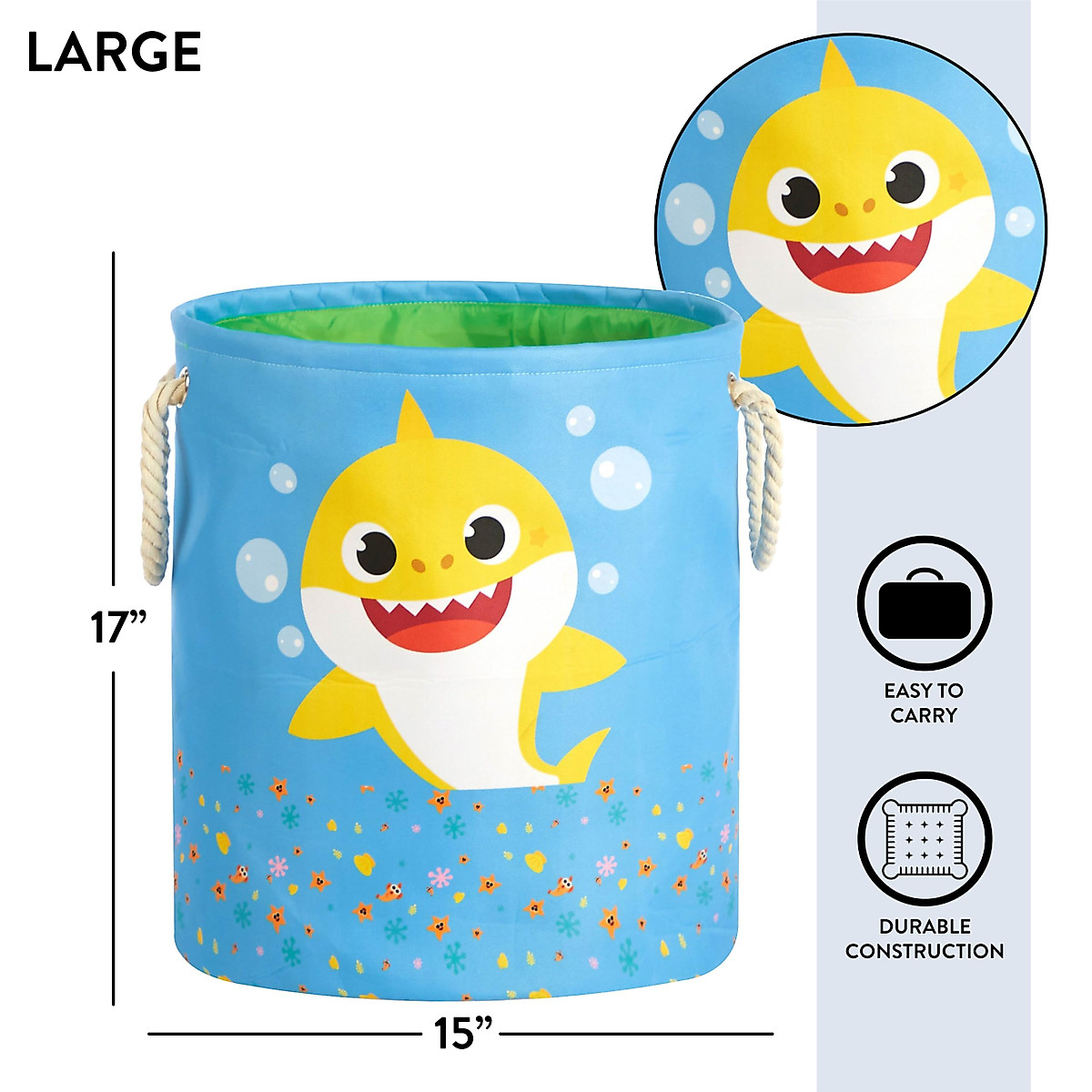 Idea Nuova Baby Shark 3 Piece Multi Size Fabric Nestable Toy Storage Basket Set, with Rope Carry Handles