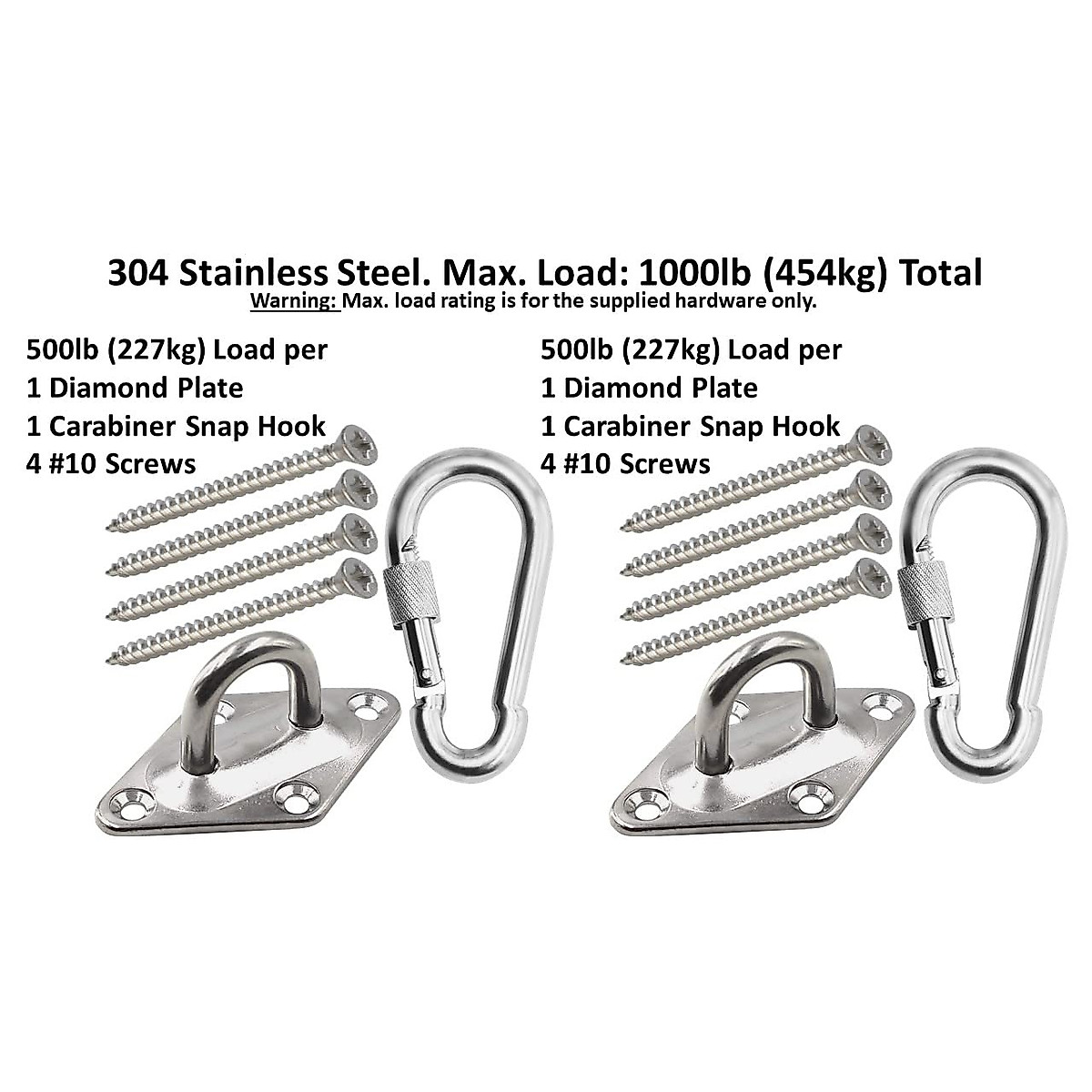 Branded Boards Heavy Duty Black or Silver 1000lb Load Hammock Hanging Kits with Locking Carabiner Snap Hooks, for Trees, Ceilings, Walls, Porches, Posts (Diamond-Plate-Hammock-Kit-Silver)