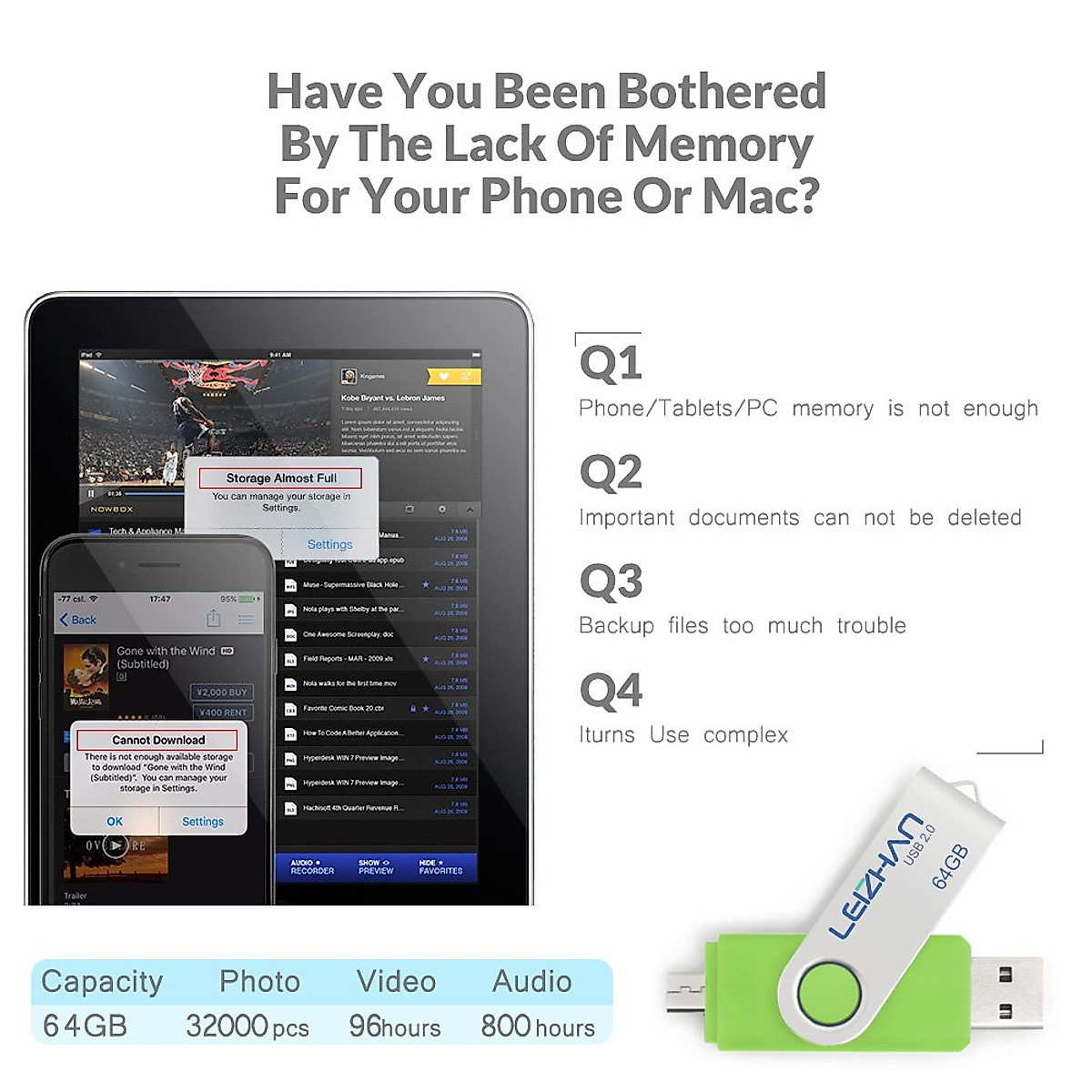 leizhan 64gb Flash Drive for Android Phone, Phone Picture Stick for Samsung Galaxy S7/S6/S5/S4/S3/Xiaomi/Meizu/HTC/Nokia/Moto/Huawei, USB 2.0-Micro,Green