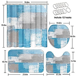ArtSocket 4 Pcs Shower Curtain Set Grey Blue Abstract Painting Gray with Non-Slip Rugs Toilet Lid Cover and Bath Mat Bathroom Decor Set 72" x 72"