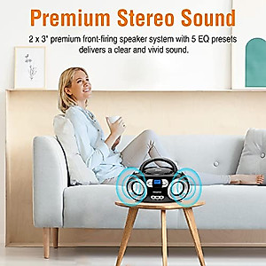 MEGATEK Portable CD Player Bluetooth Boombox with FM Radio, USB, Aux and Headphone Jack, CD-R/RW and MP3 CDs Compatible, Stereo System for Home with Dual Speakers, AC/Battery Operated - Black
