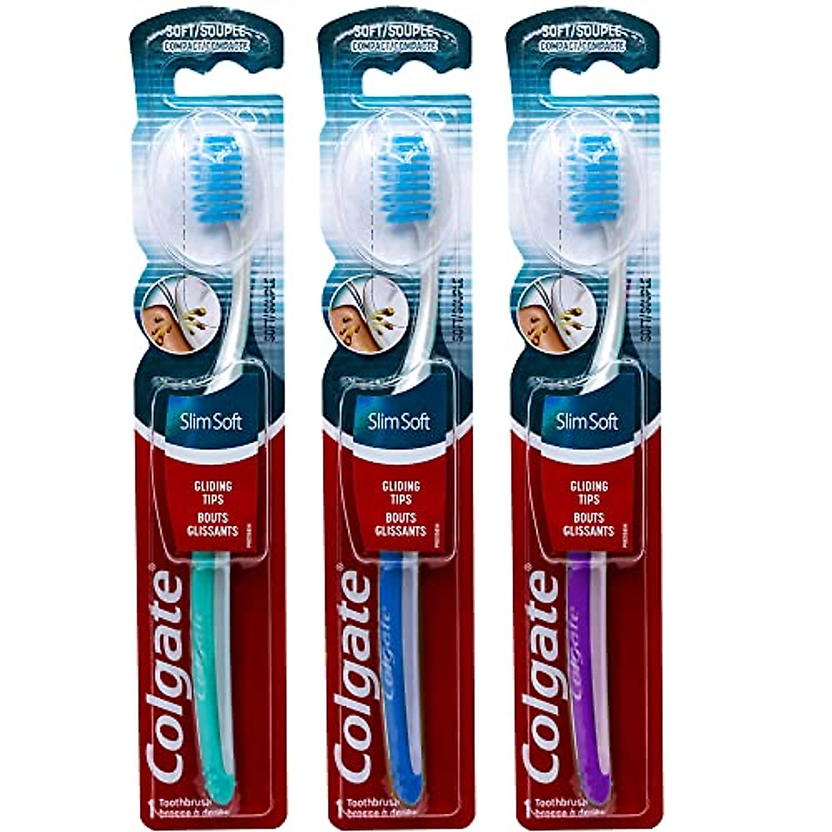 Colgate Slim Soft Toothbrush, Gliding Tips, Compact Soft (Colors Vary) - Pack of 3