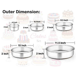 TeamFar Cake Pan, 4’’ - 6’’ - 8’’ - 9½’’ - 11’’, Stainless Steel Round Baking Tier Cake Pans Set, Healthy & Heavy Duty, Mirror Finish & Dishwasher Safe - Set of 5