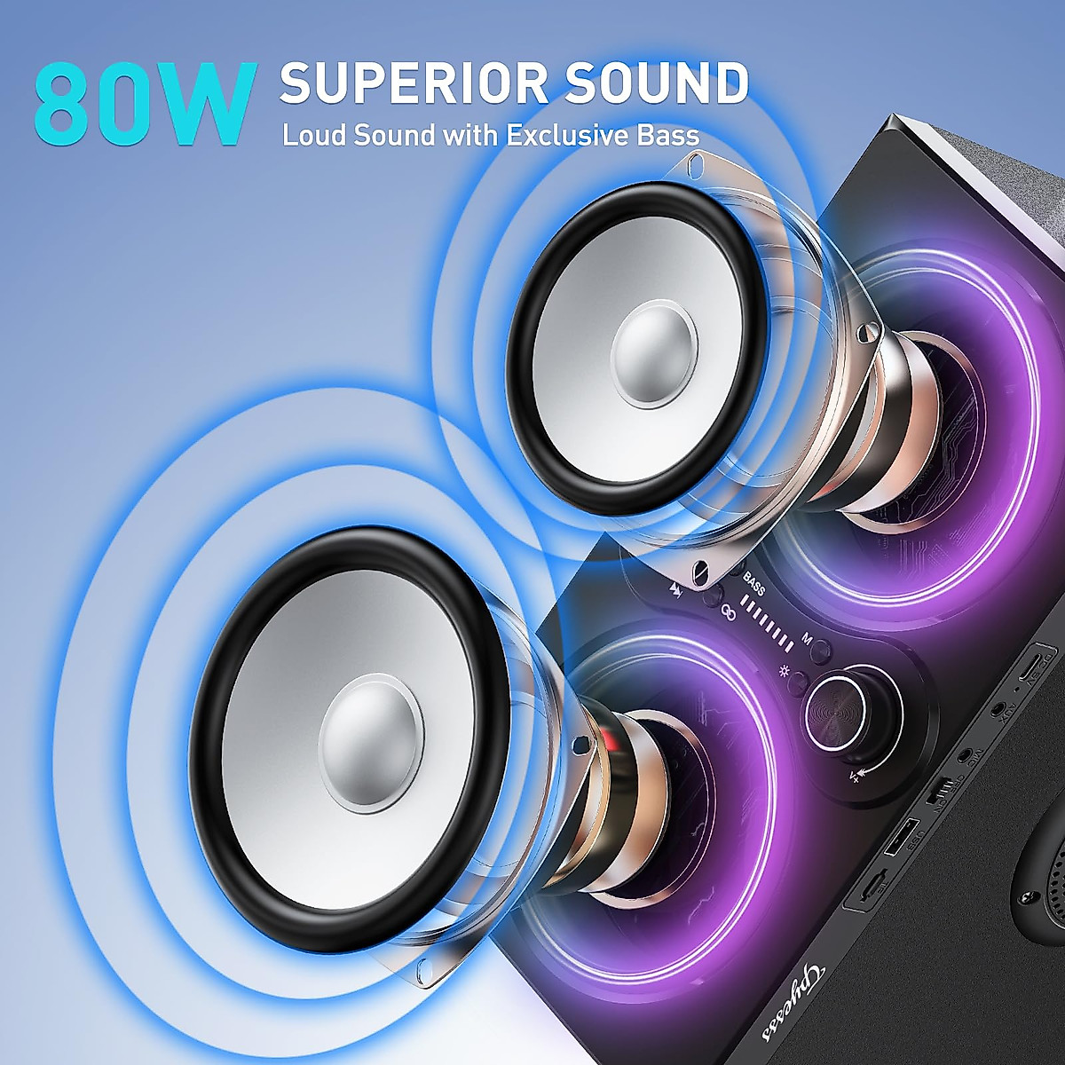 TPyesss Bluetooth Speakers, 80W(Peak) Wireless TWS Portable Bluetooth Speaker, Beat-Driven Lights, 100dB Loud Stereo Speaker with BassUp, Speakers with Subwoofer for Outdoor, Party, Camping