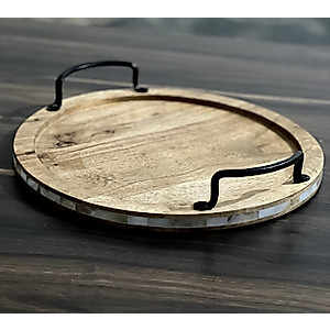 Handmade Wooden Acacia Round Serving Tray Beautiful Mother of Pearl Border Decorative Tray with Handles for Parties Large Handles for Easy Handling, Beautiful Wooden Tray for Multiple uses