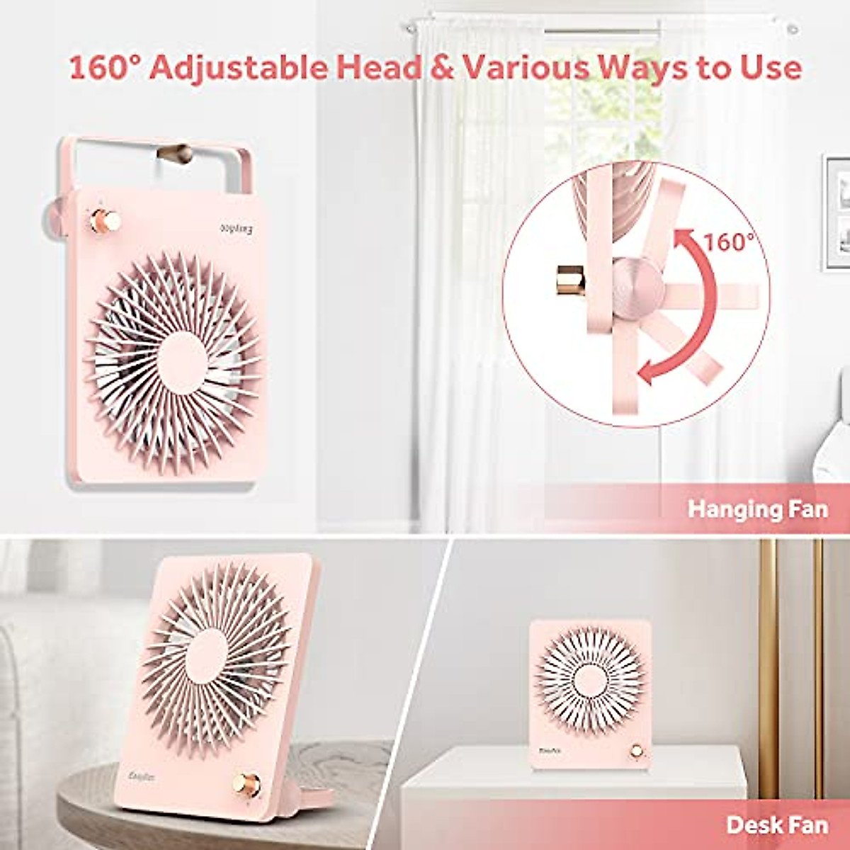 EasyAcc Portable Desk Fan Desktop Fan, 3350 Battery Operated Fan 6-Inch Foldable Travel Fan [ Ultra-Quiet Step-less Speed Control ] 160°Tilt Standing Hanging Fan for Travel Office Home Outdoor